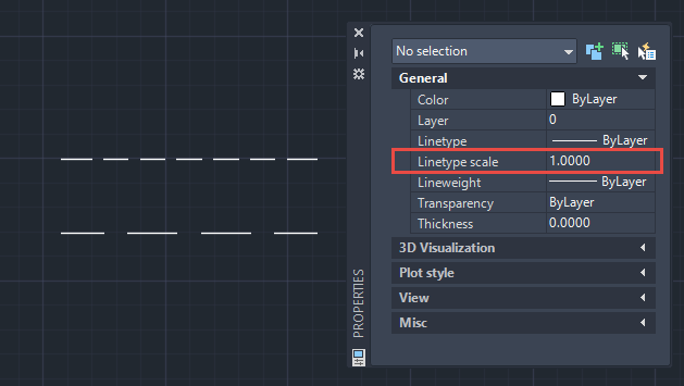 Individual Scale Factor For Dashed Lines AutoCAD 2D Drafting Object Properties Interface 